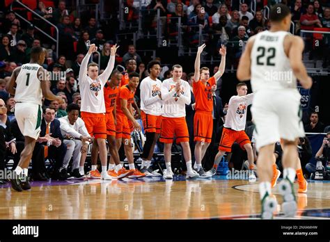 Detroit Mi March 16 Bucknell Players On The Bench Celebrate A Three