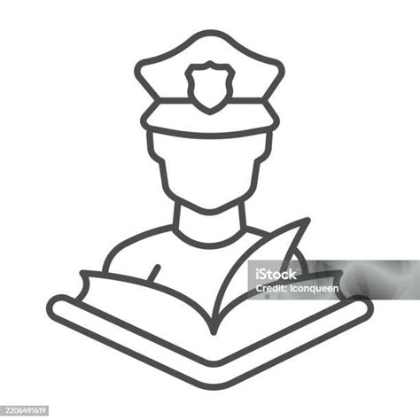 법률 책 얇은 선 아이콘 가족 변호사 개념과 경찰관 벡터 그래픽입니다 흰색 배경에 인권 교과서 표지판을 가진 경찰관 모바일 또는 웹 디자인에 대한 개요 스타일 아이콘 감시에