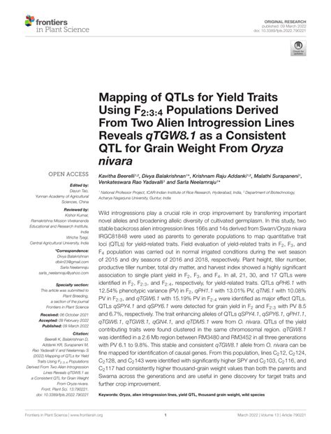 Pdf Mapping Of Qtls For Yield Traits Using F234 Populations Derived From Two Alien