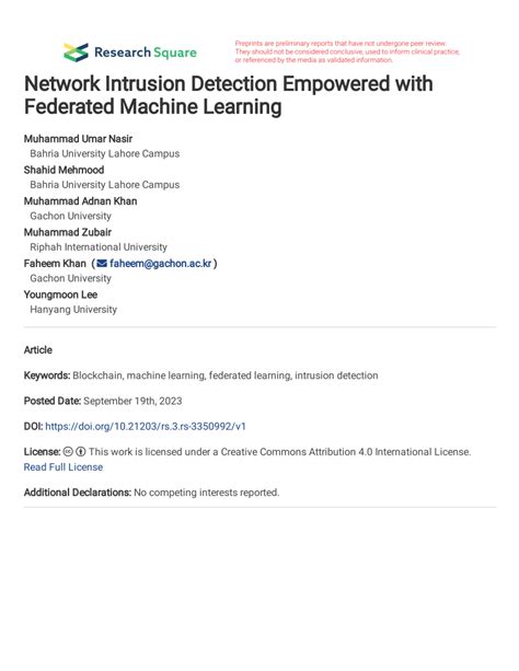 Pdf Network Intrusion Detection Empowered With Federated Machine Learning