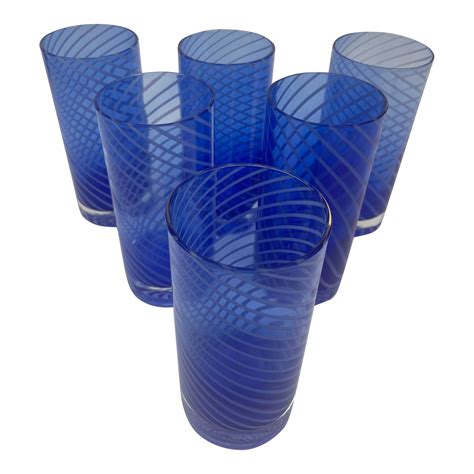 Cobalt Blue Drinking Glasses Set Of 6 Spiral Italian Tumblers 1980s
