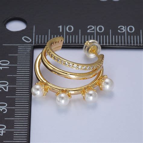 16k Gold Filled Pearl Micro Paved Cz Triple Band C Shaped Hoop Earrings