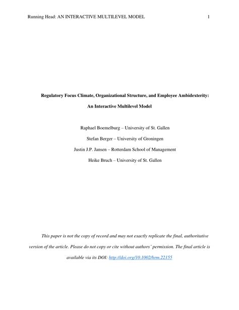 Pdf Regulatory Focus Climate Organizational Structure And Employee Ambidexterity An