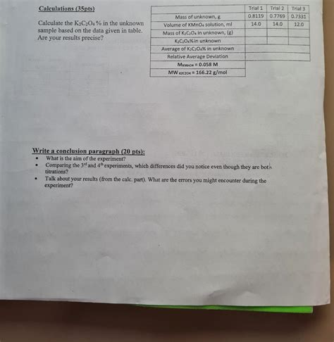 Solved Calculations 35pts Calculate The K2C2O4 In The Chegg Com