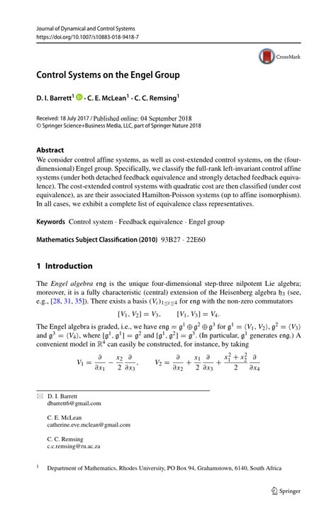 Pdf Control Systems On The Engel Group