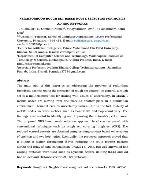 Pdf Neighborhood Rough Set‐based Route Selection For Mobile Ad Hoc Networks