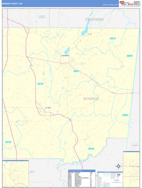 Monroe County Ms Zip Code Wall Map Basic Style By Marketmaps