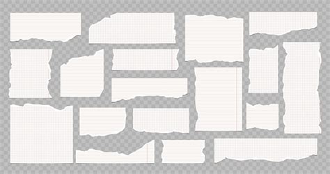 찢어진 안감과 사각형 종이 스트립 모음 가장자리가 거칠고 찢어진 종이 조각 스티커 메모와 배너 포스터에 대한 노트북 페이지의 벡터 그림 0명에 대한 스톡 벡터 아트 및 기타