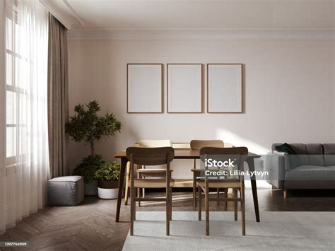 빈 수직 포스터 프레임은 베이지 색 벽과 세련된 가구 3d 렌더링으로 현대적인 실내 인테리어 배경에서 모의 0명에 대한 스톡 사진 및 기타 이미지 Istock