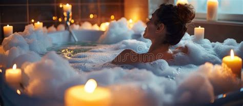 Enjoy A Peaceful Spa Experience With A Candlelit Bubble Bath For Total Relaxation Aig62 Stock