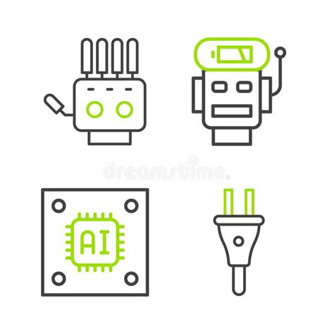Set Line Electric Plug Processor With Microcircuits Cpu Robot Low Battery Charge And