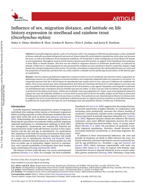 Pdf Influence Of Sex Migration Distance And Latitude On Life History Expression In Steelhead