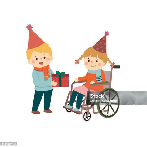 휠체어를 탄 어린 장애 소녀에게 선물 상자를 주는 소년의 벡터 그림 건강관리와 의술에 대한 스톡 벡터 아트 및 기타 이미지 건강관리와 의술 건강한 생활방식 겨울