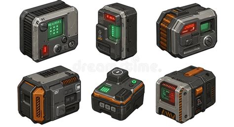 Futuristic Sci Fi Tech Gadgets Collection Of Six Unique 3d Rendered Device Models Stock