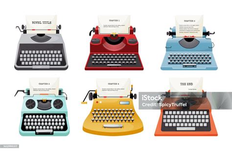 복고풍 타자기 카피라이터 각본 뉴스 작가 및 스토리 텔링을위한 빈티지 브랜드 시인 시나리오 작가 및 소설가 장비 아이콘 격리된 요소 벡터 만화 플랫 일러스트 레이 션