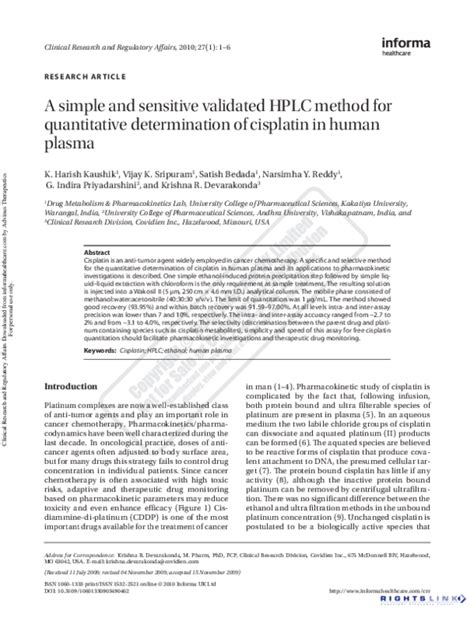 Pdf A Simple And Sensitive Validated Hplc Method For Quantitative Determination Of Cisplatin