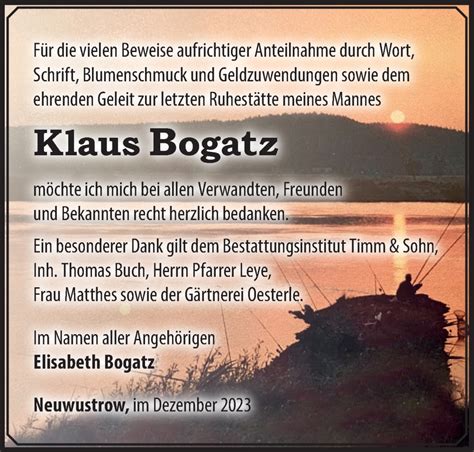 Traueranzeigen Von Klaus Bogatz Märkische Onlinezeitung Trauerportal