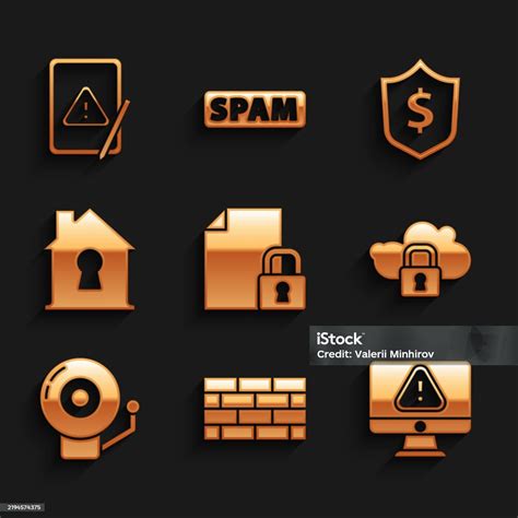 문서 및 잠금 방화벽 보안 벽 느낌표가 있는 모니터 클라우드 컴퓨팅 울리는 알람 벨 보호 중인 집 방패 달러 및 태블릿 아이콘을 설정합니다 벡터 0명에 대한 스톡 벡터 아트