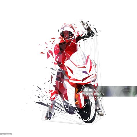 로드 바이크 레이싱 바이커는 승리 낮은 다각형 고립 벡터 Ilustration 삼각형에서 기하학적 그림을 축하합니다 오토바이 스포츠 로고 오토바이 경주에 대한 스톡 벡터