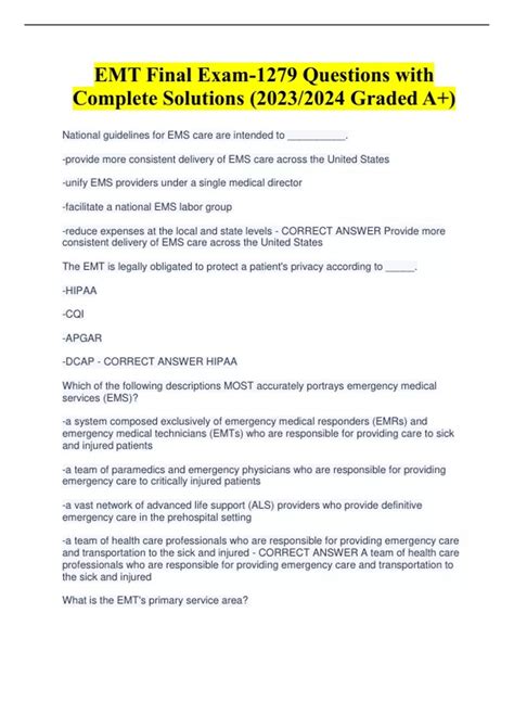 EMT Final Exam Questions With Complete Solutions Graded A NREMT CBT Stuvia US