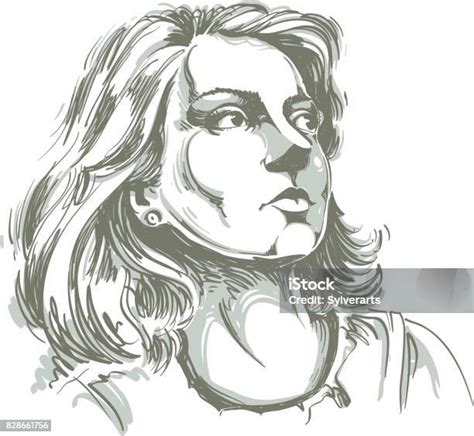 세련 된 머리와 하얀 피부 매력적인 로맨틱 레이디의 그래픽 벡터 손으로 그린 그림 사람들 얼굴 표정 꿈꾸는 듯한 모델 초상화에 대 한 포즈입니다 가냘픈에 대한 스톡 벡터