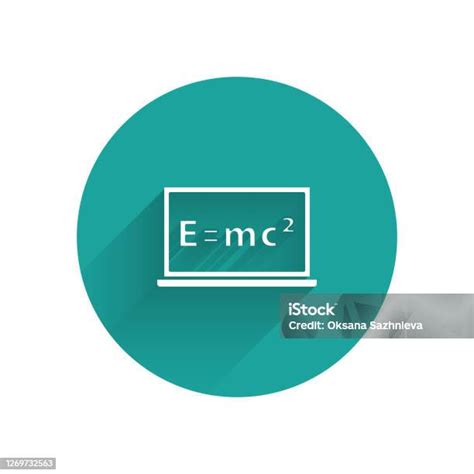 긴 그림자로 격리 된 칠판 아이콘에 방정식 솔루션의 화이트 수학 시스템 E는 컴퓨터 화면에서 Mc 제곱 방정식과 같습니다 녹색 원 버튼입니다 벡터 0명에 대한 스톡 벡터