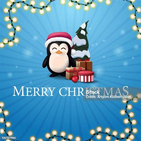 메리 크리스마스 산타 클로스 모자에 화환과 펭귄 미니멀 스타일의 파란색 사각형 엽서 선물 3차원 형태에 대한 스톡 벡터 아트 및