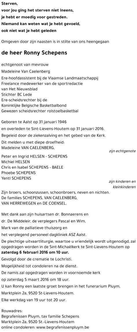 Avis De Décès De Ronny Schepens Décédé Le 31 01 2016 à Sint Lievens