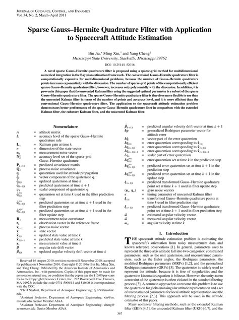 Pdf Sparse Gauss Hermite Quadrature Filter With Application To Spacecraft Attitude Estimation