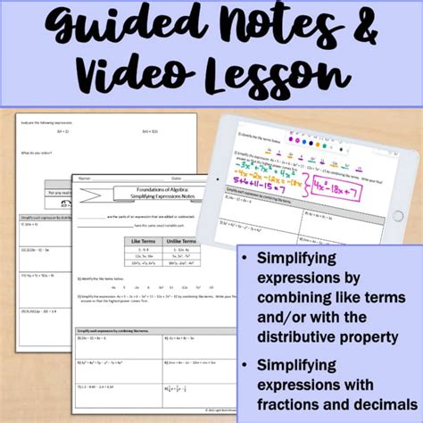 Simplifying Algebraic Expressions Guided Notes Practice Worksheet Video Lesson