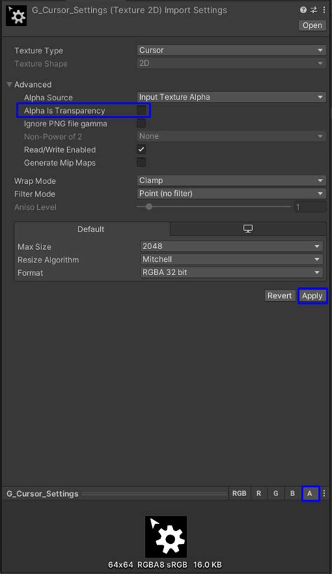 Turning On Alpha Is Transparency And Clicking Apply Will Uncheck The Option Unity Engine