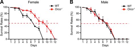 Comparisons Of Lifespans Between Wild Type Wt And Orco−− Adults Of