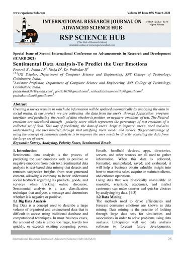 Sentimental Data Analysis To Predict The User Emotions Irjash Journal