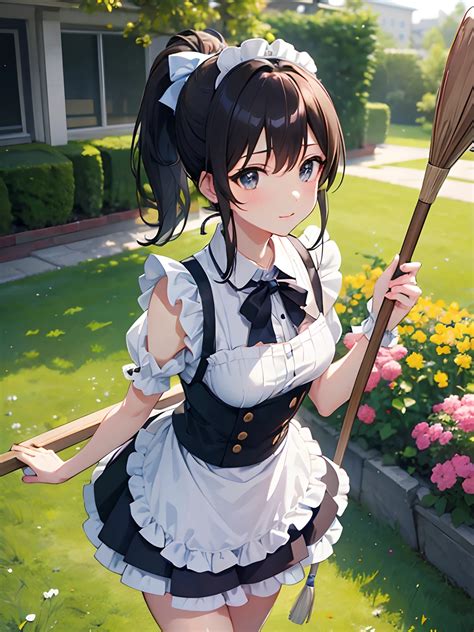 Anime Girl In Maid Outfit Holding A Broom In Front Of A House Seaart Ai