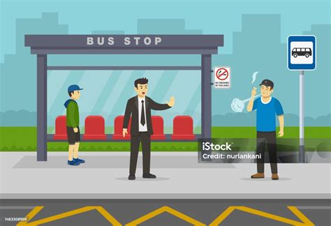 공공 장소에서 담배를 피우는 것은 금지되어 있습니다 젊은 남성 캐릭터가 담배를 들고 버스 정류장에서 연기를 내뿜는다 담배를 피우는 남자에게 소리치는 남자 금지됨에 대한 스톡