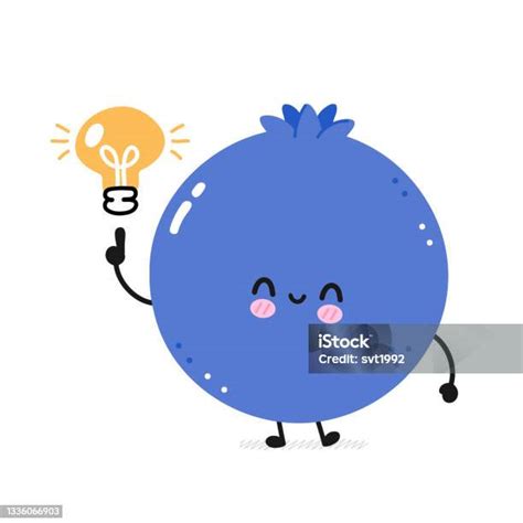 귀여운 행복 한 미소 재미 블루 베리 아이디어 램프 벡터 플랫 라인 만화 가와이 얼굴 문자 일러스트 아이콘 흰색 배경에 격리