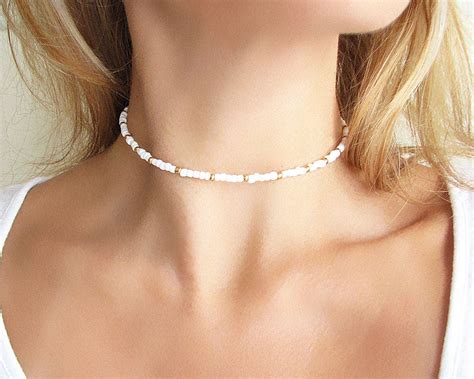 White Beaded Choker White Choker Gold Choker Necklace Etsy
