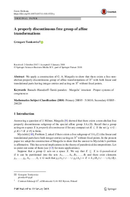 Pdf A Properly Discontinuous Free Group Of Affine Transformations