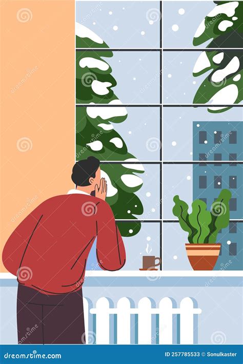 Winter Season Man Looking Out Of Window Vector Stock Vector Illustration Of Winter Window