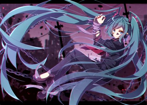 Blue Eyes Blue Hair Bondage Building Chain Hatsune Miku Headphones Long