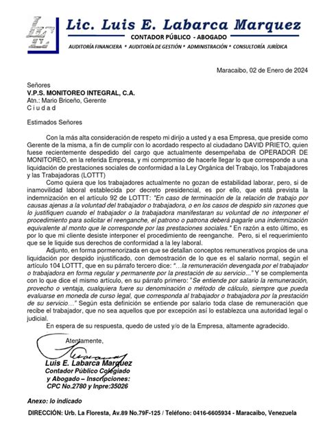 David Prieto Carta Detalle De Liquidación Prest Sociales Enviada A La