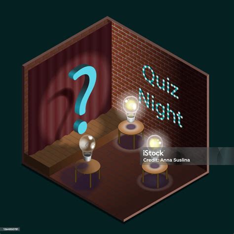 펍 퀴즈 퀴즈 지적 게임 밤 일러스트 무대와 질문 대답 아이디어를 상징하는 전구와 팀 테이블에 물음표 3d 렌더링 이좀트리 바