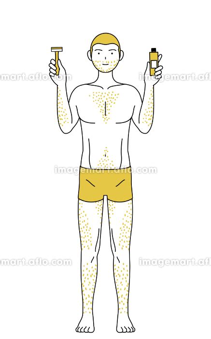 体毛が濃くて悩んでいる男性の線画除毛クリームと剃刀を持つポーズのイラスト素材 202122423 イメージマート