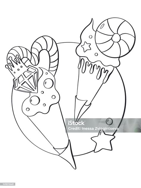 등고선 그림 스케치 스타일 아이스크림 여름 와플 콘 순대 디자인 요소 엽서 인쇄용 스티커 색칠하기 책 갈색에 대한 스톡 벡터