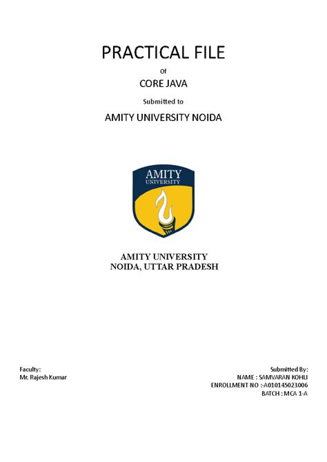 Jdbc File PRACTICAL FILE Of CORE JAVA Submi Ed To AMITY UNIVERSITY