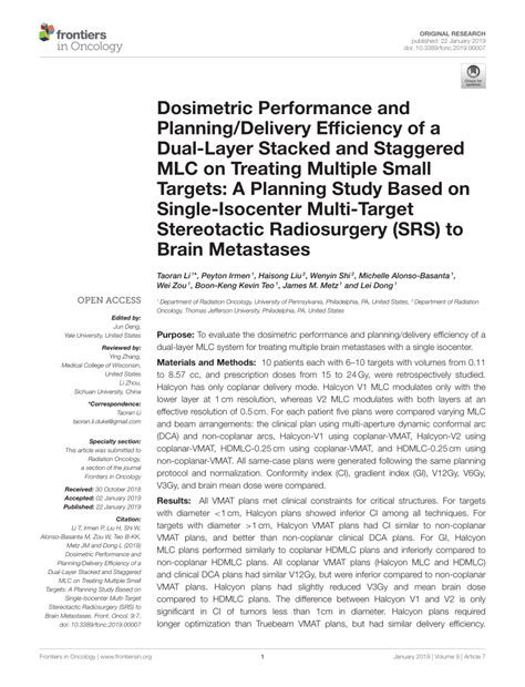 Pdf Dosimetric Performance And Planningdelivery Efficiency Of A Dual Layer Stacked And