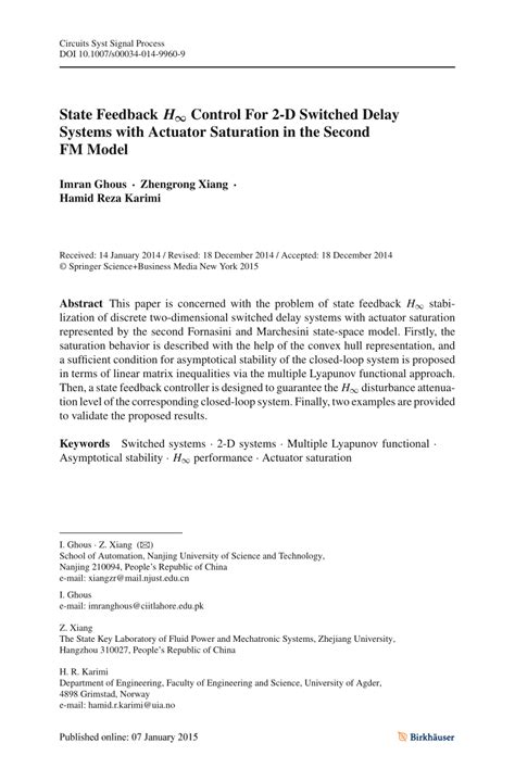 Pdf State Feedback H∞ Control For 2 D Switched Delay Systems With Actuator Saturation In The