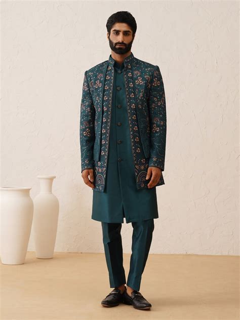 Teal Green Embroidered Jacketed Indo Western Sherwanimens Wedding