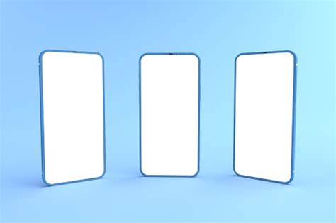 파란색 바닥에 모형 파란색 스마트 폰 흰색 화면의 3d 렌더링 블루 휴대 전화는 기울어 지고 바닥에 누워 스마트 폰 흰색 화면은 광고에 사용할 수 있습니다 파란색 배경에