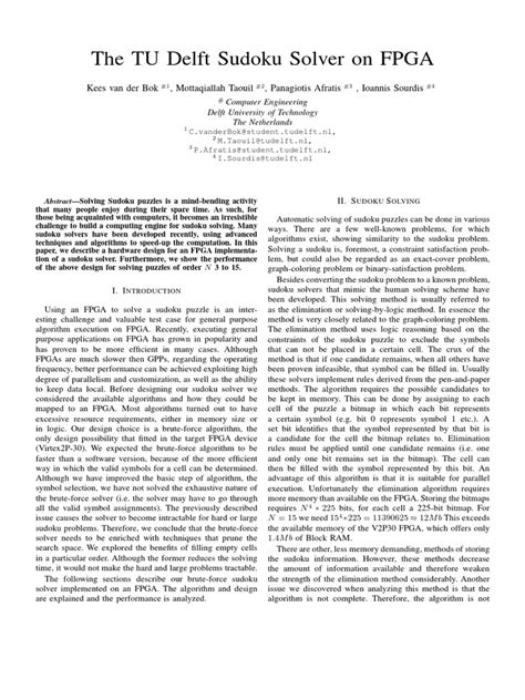 The Tu Delft Sudoku Solver On Fpga Pdf Algorithms Field